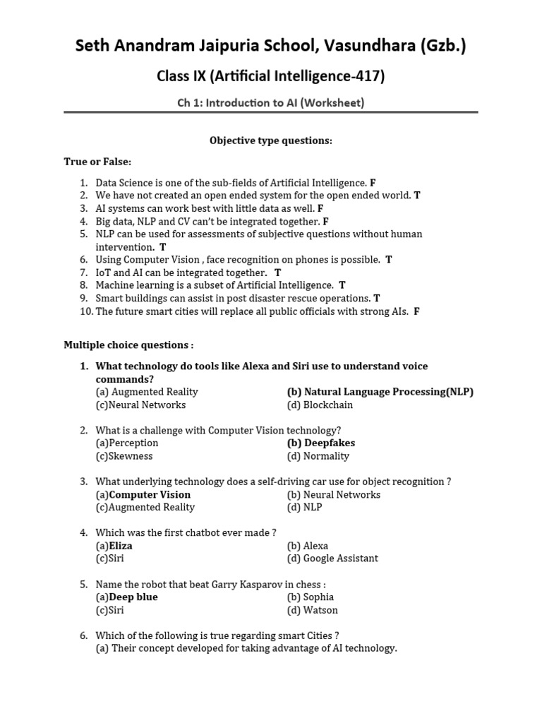 Revision Worksheet AI-IX | PDF | Artificial Intelligence | Intelligence ...