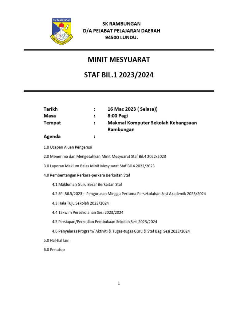 Minit Mesyuarat Staf Bil.1 | PDF