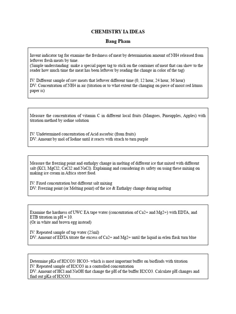 CHEMISTRY IA IDEAS (Bang Pham) | PDF