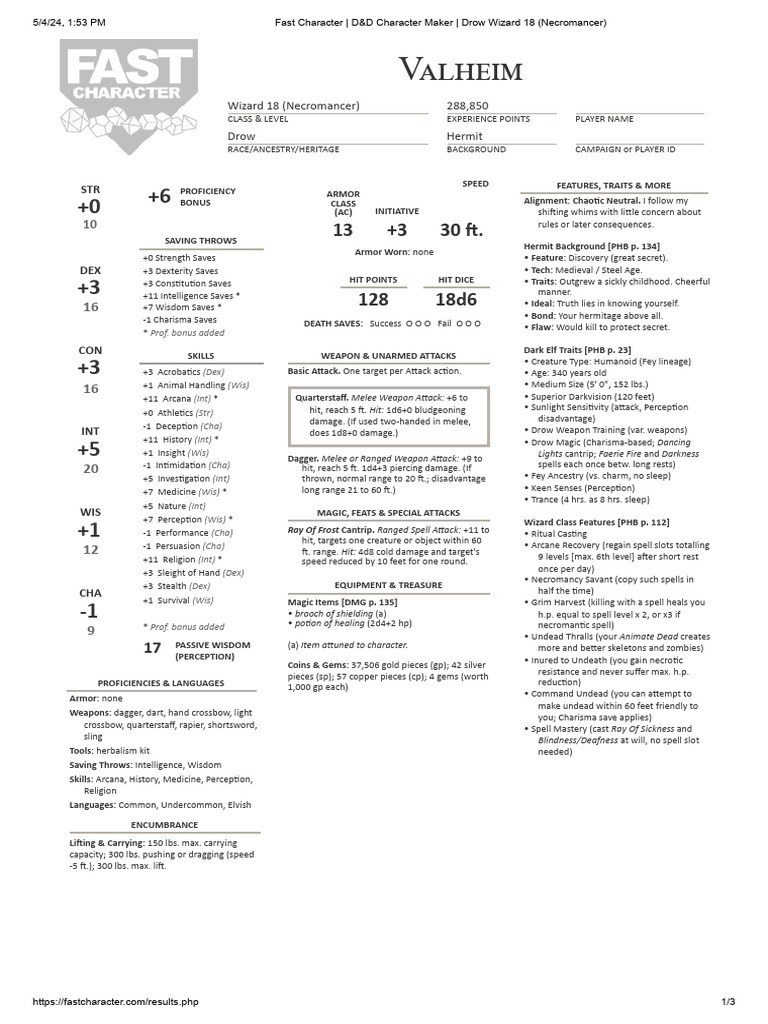 Drow Necromancer Character Sheet | PDF | Wizards Of The Coast ...