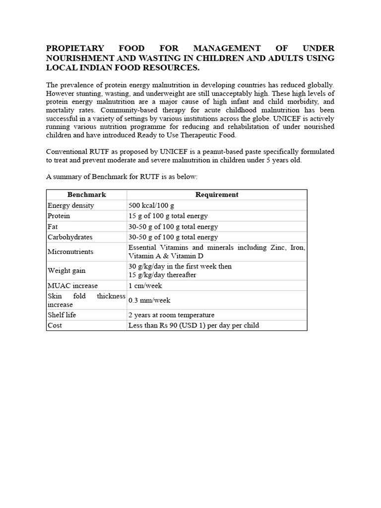 Propietary Food For Management of Under Nourishment and Wasting in ... Propietary Food For Management of Under Nourishment and Wasting in ...
