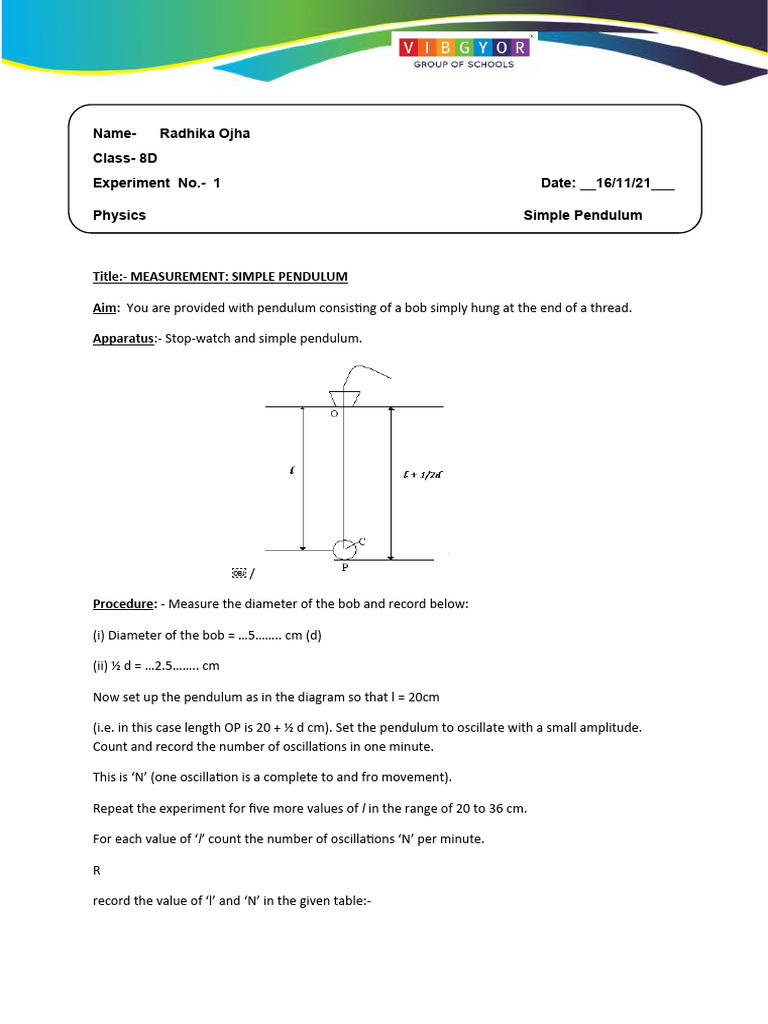 Simple Pendulum Term2 Practical Sheet - Practical 1 | PDF