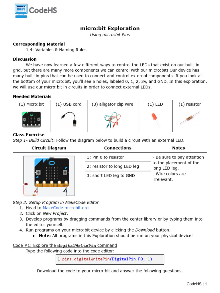 Exploration - Using Micro - Bit Pins (Student) (Physical Computing ... Exploration - Using Micro - Bit Pins (Student) (Physical Computing ...