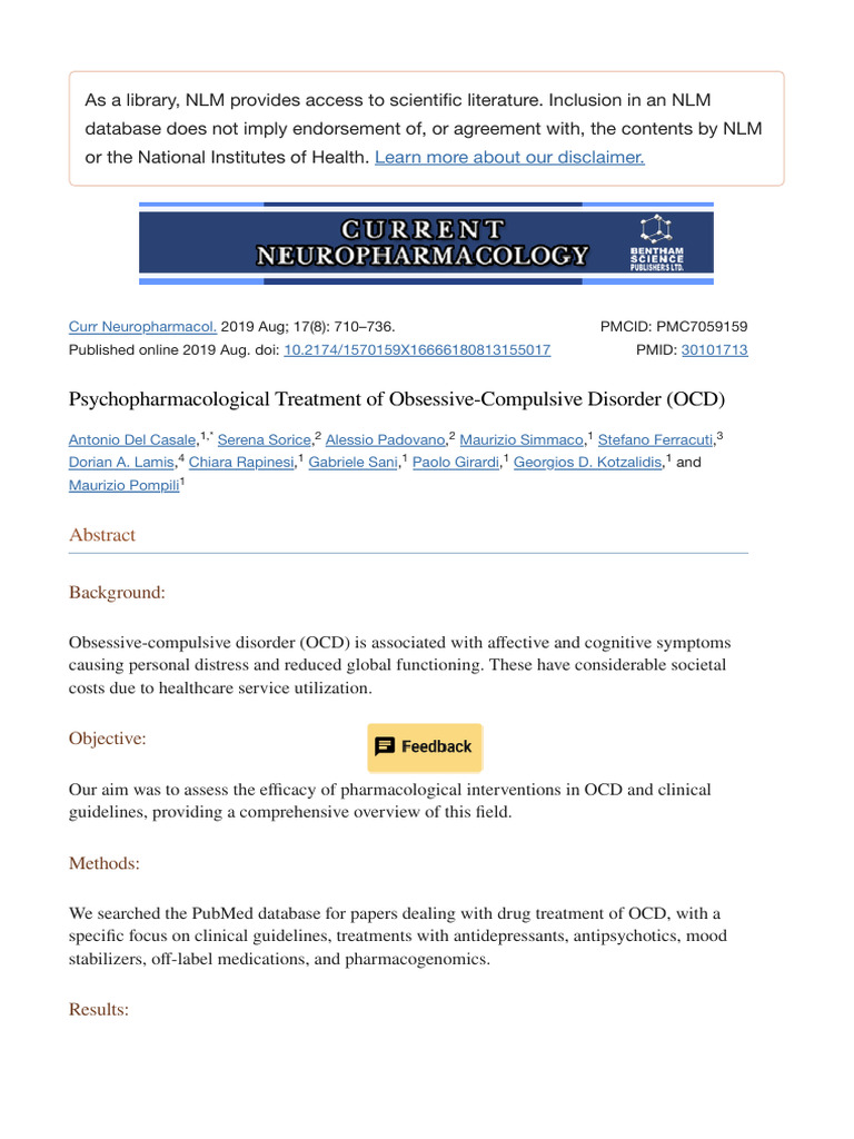 Psychopharmacological Treatment of Obsessive-Compulsive Disorder (OCD ...