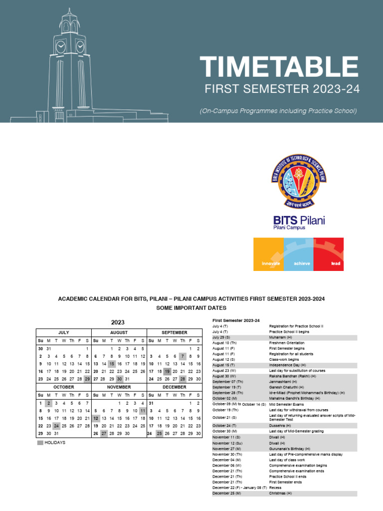 BITS Pilani First Semester Timetable 2023-24 | PDF | Academic Term ...