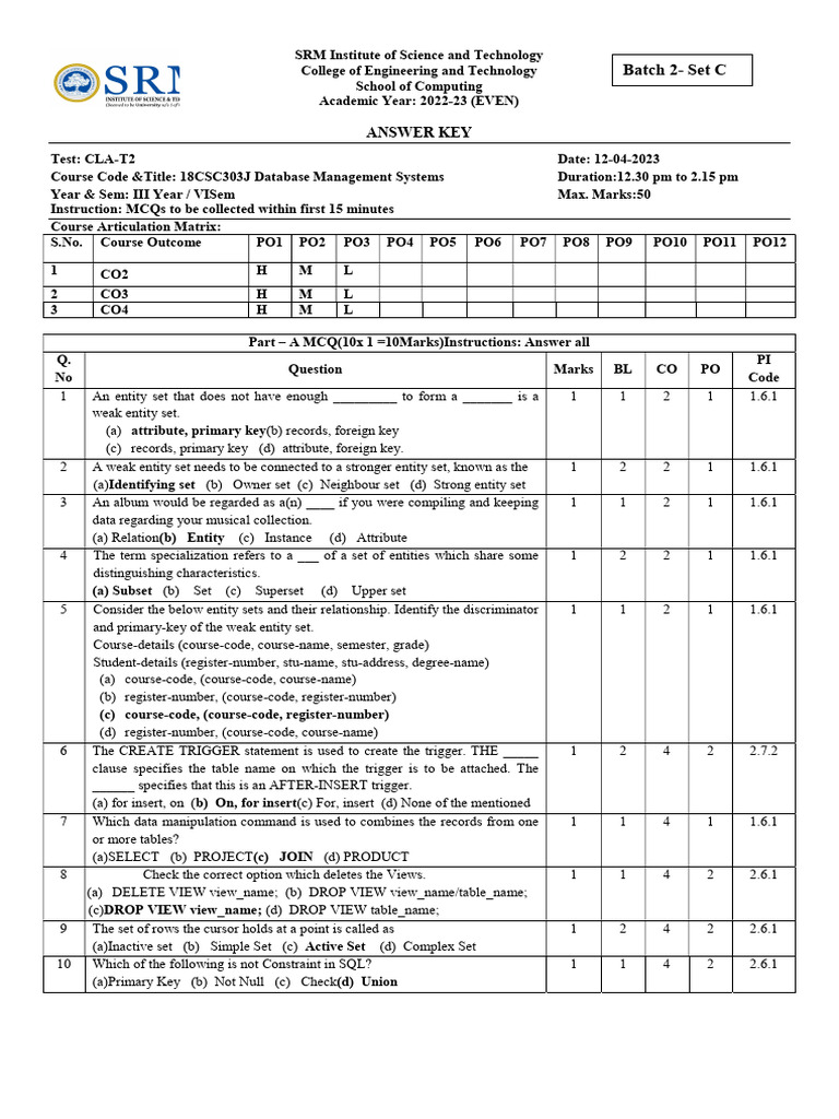 CT-2-Batch 2 - Set C - Answer Key | PDF | Data Management Software | Computing