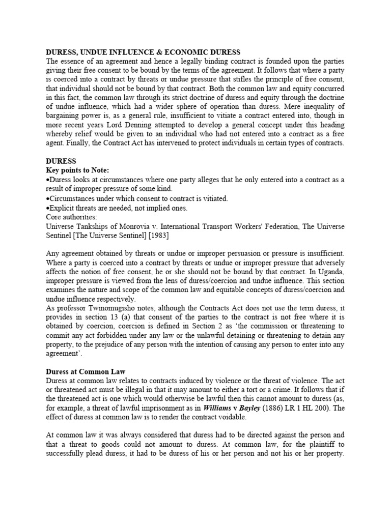 Duress Class Notes | PDF | Coercion | Common Law