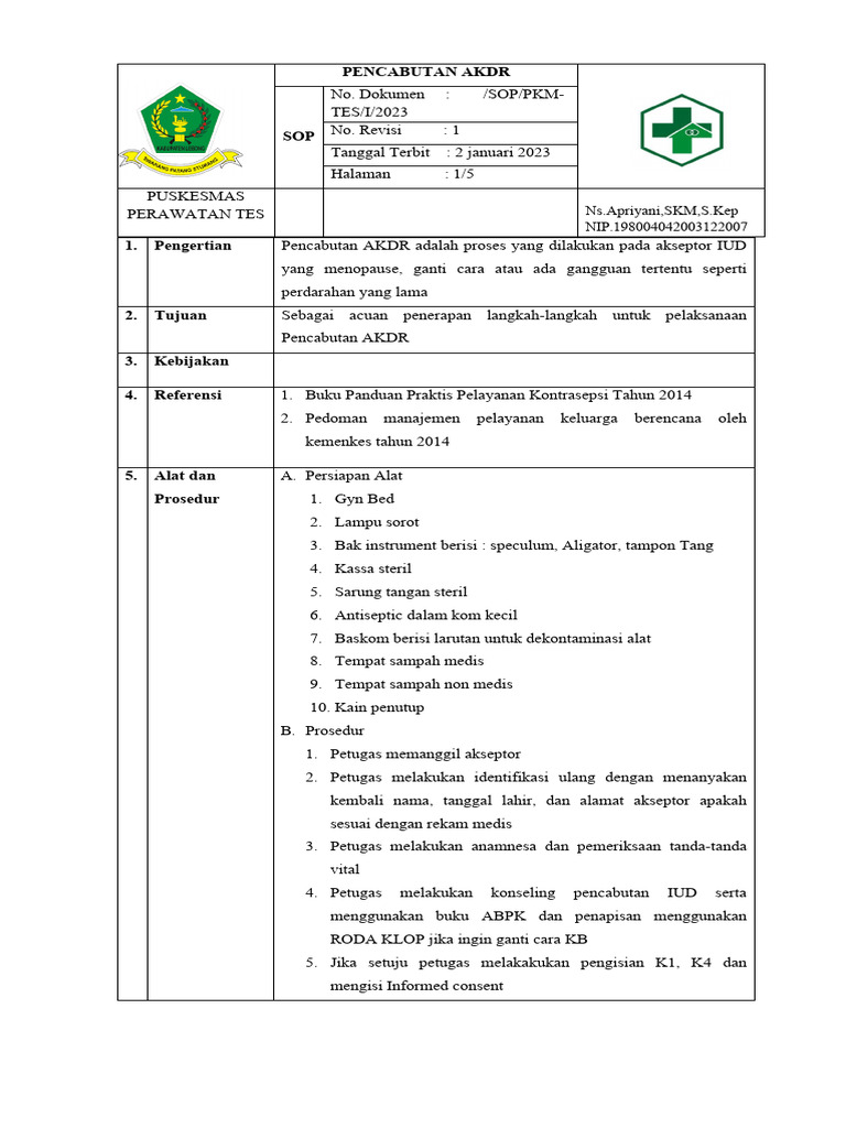 Prosedur Pencabutan AKDR di Puskesmas | PDF