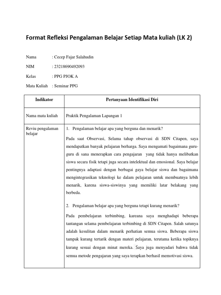 Refleksi PPL: Pengalaman Belajar di SDN Citapen | PDF | Karier ...