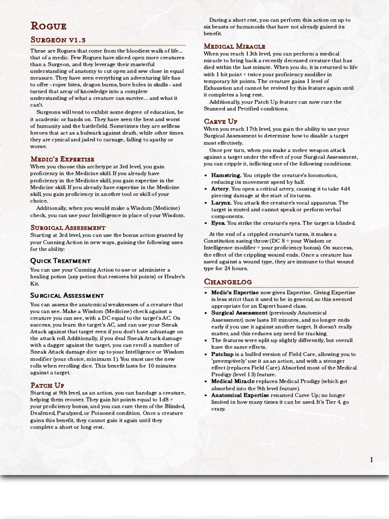 Rogue - Surgeon Archetype - GM Binder | PDF | Wound | Medicine