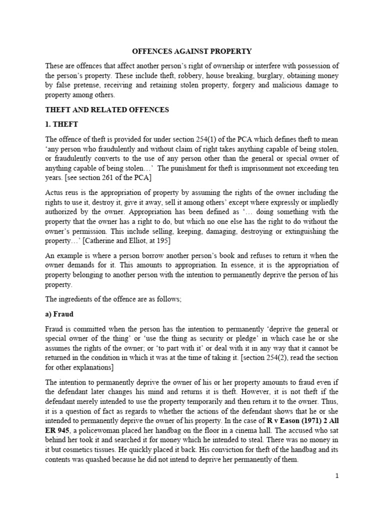 Class Notes (3) Offences Against Property | PDF | Theft | Robbery