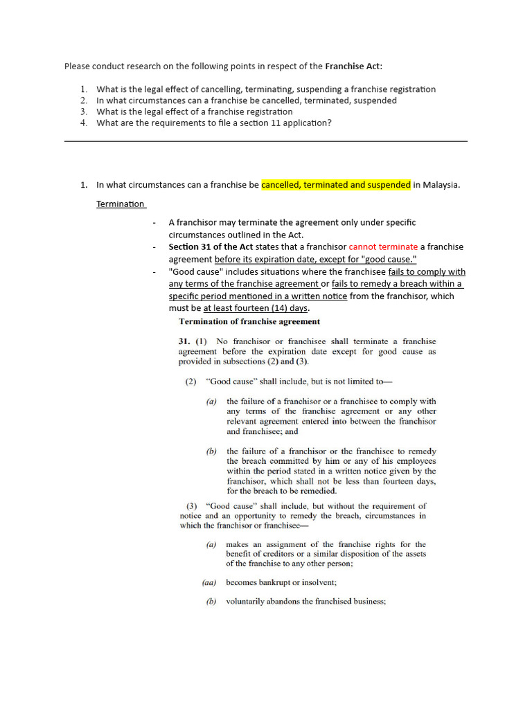 Franchise Act 1998: Termination Insights | PDF | Franchising | Breach ...