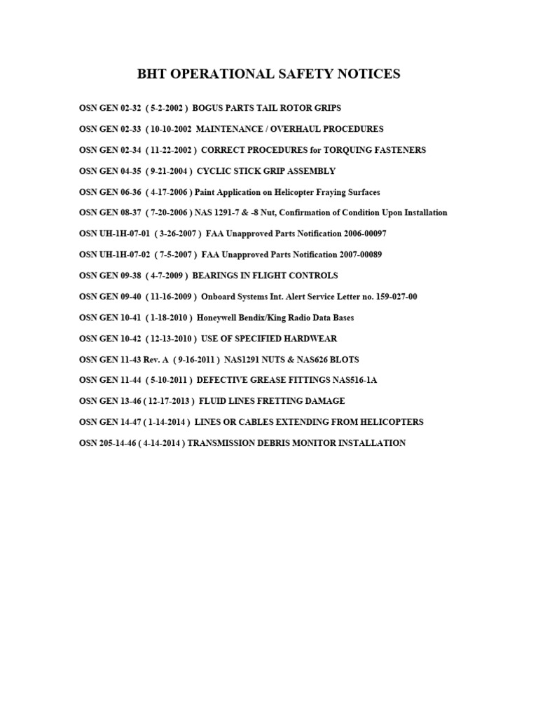 BHT Operational Safety Notices | PDF