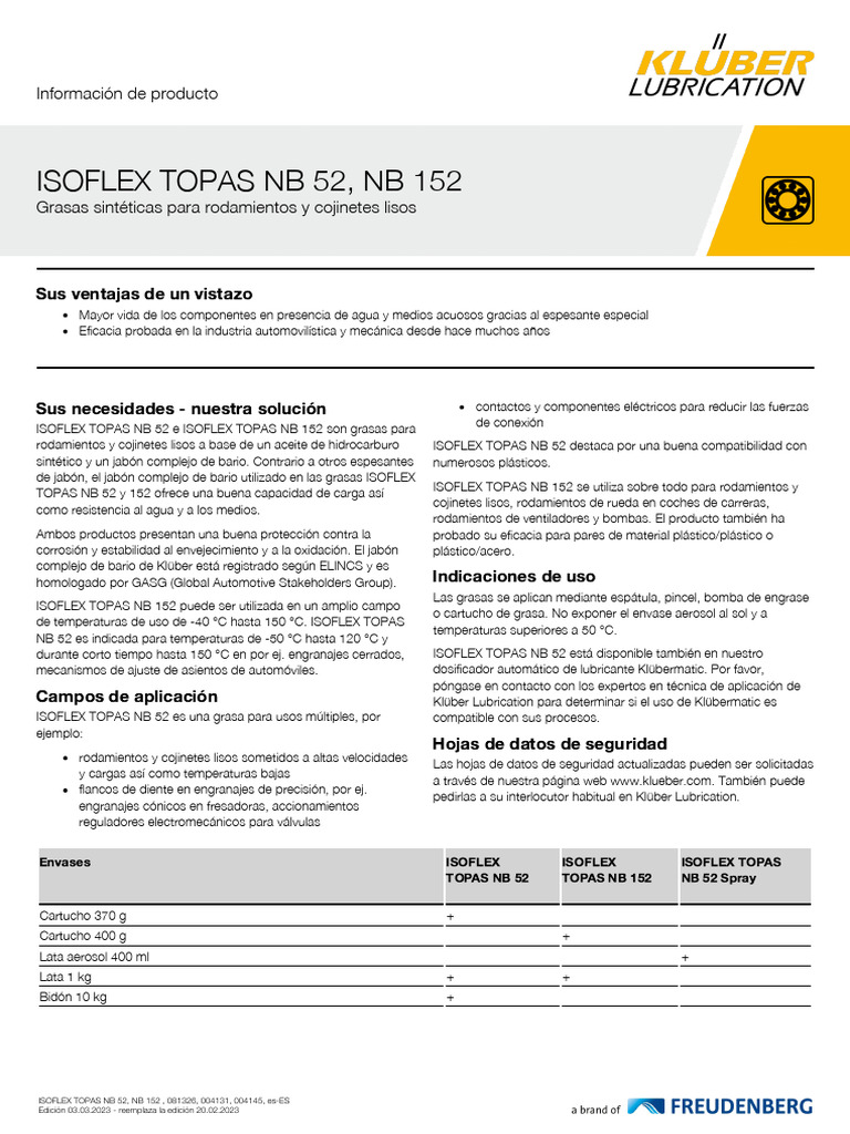 Grasa ISOFLEX TOPAS NB 52 y NB 152 | PDF | Rodamiento (Mecánico ...