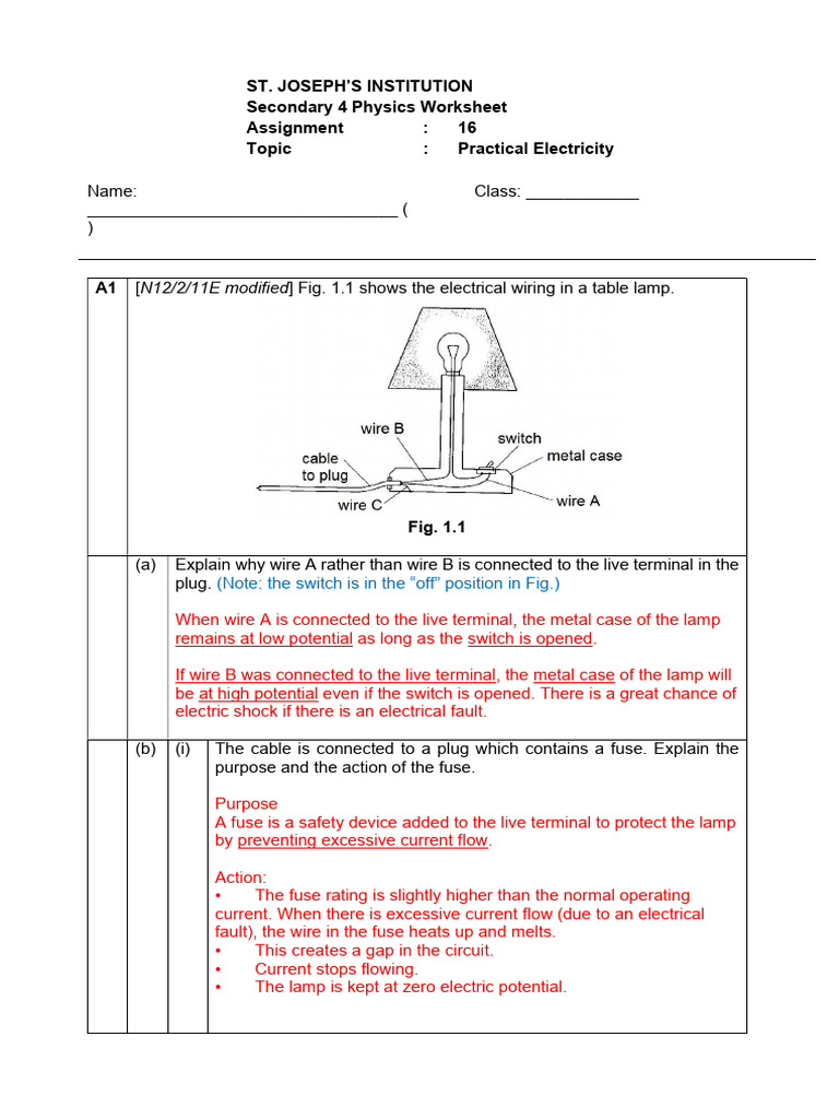 Workbook Practical Electricity Suggested Ans | PDF | Fuse (Electrical) | Ac Power Plugs And Sockets