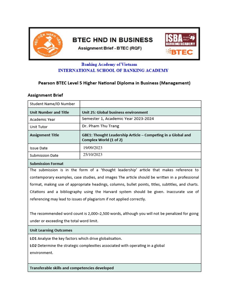 Pearson BTEC Level 5 Higher National Diploma in Business (Management) Assignment Brief | PDF ...