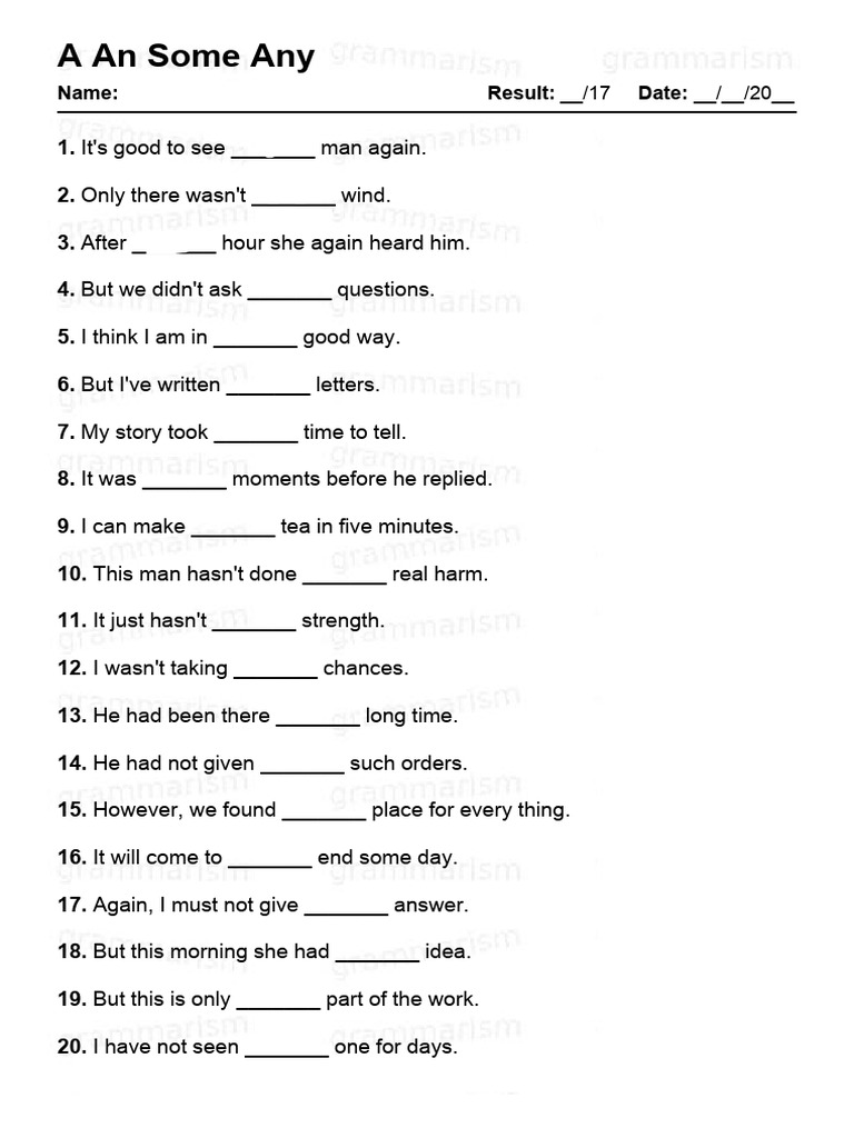 Grammarism A An Some Any Test 1 1777416 | PDF | Self-Improvement