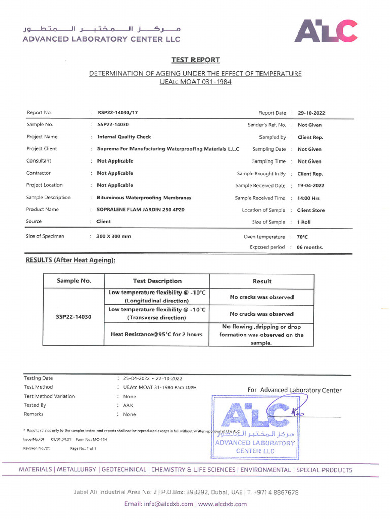 SOPRALENE FLAM JARDIN 250 4P20-Thermal Accelerated Ageing Tests | PDF