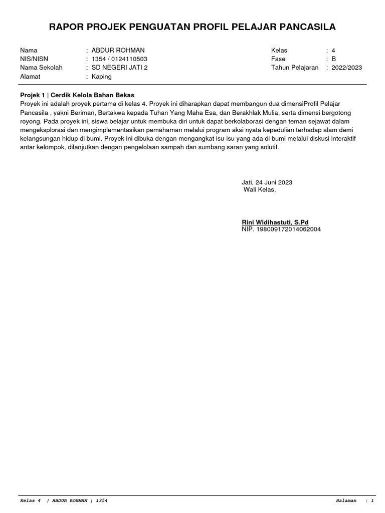 RAPOR P5 KLS Kelas4 | PDF | Ilmu Sosial