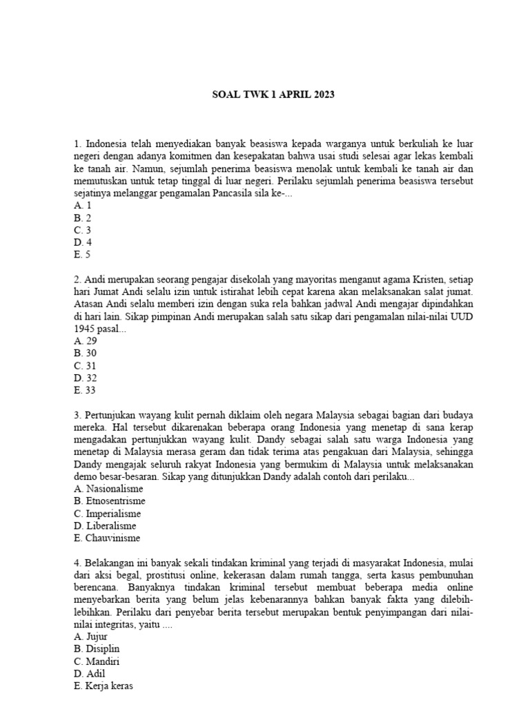 Soal TWK 1 April 2023 | PDF | Perjalanan