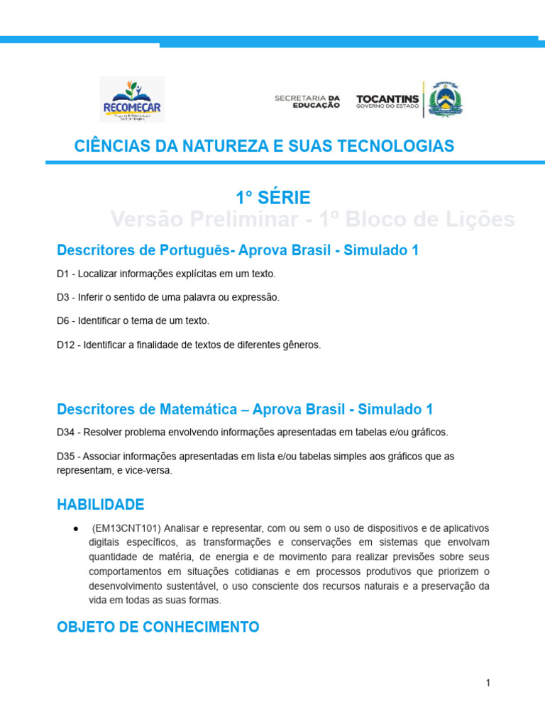 Matriz 2023 - Ensino Médio - Ciências Da Natureza - Aprova Brasil ...