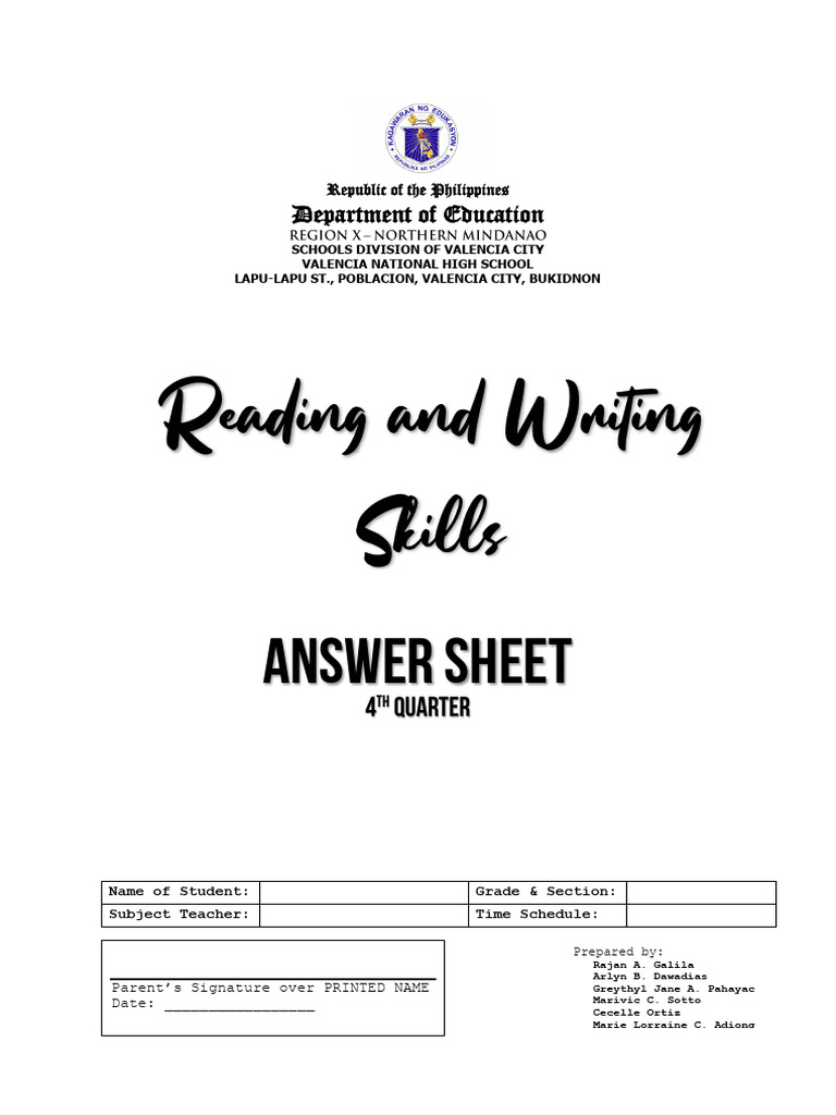 AnswerSheet RWS - 4th Quarter - 2.0 | PDF | Résumé | Argument