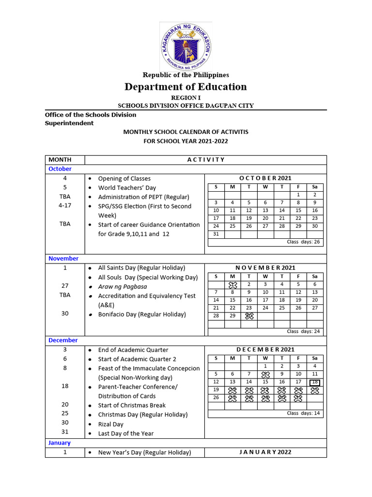 Revised School Calendar 2021 2022 | PDF | Observances | Holidays