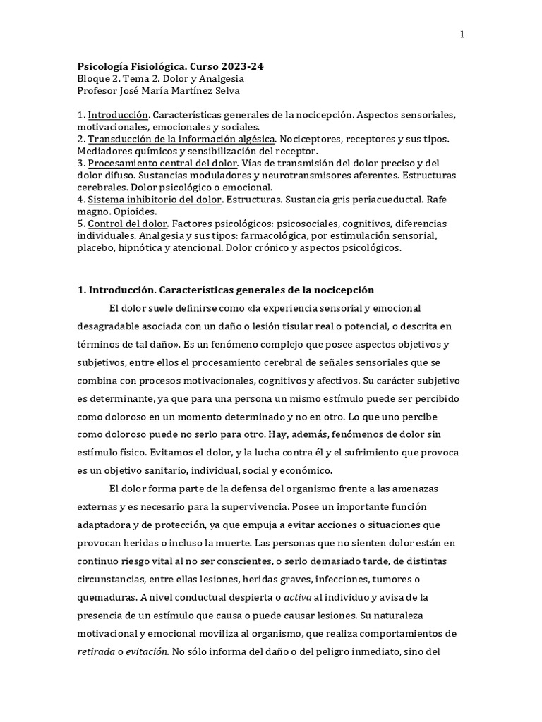 Tema 2 Dolor y Analgesia | PDF | Dolor | Las emociones