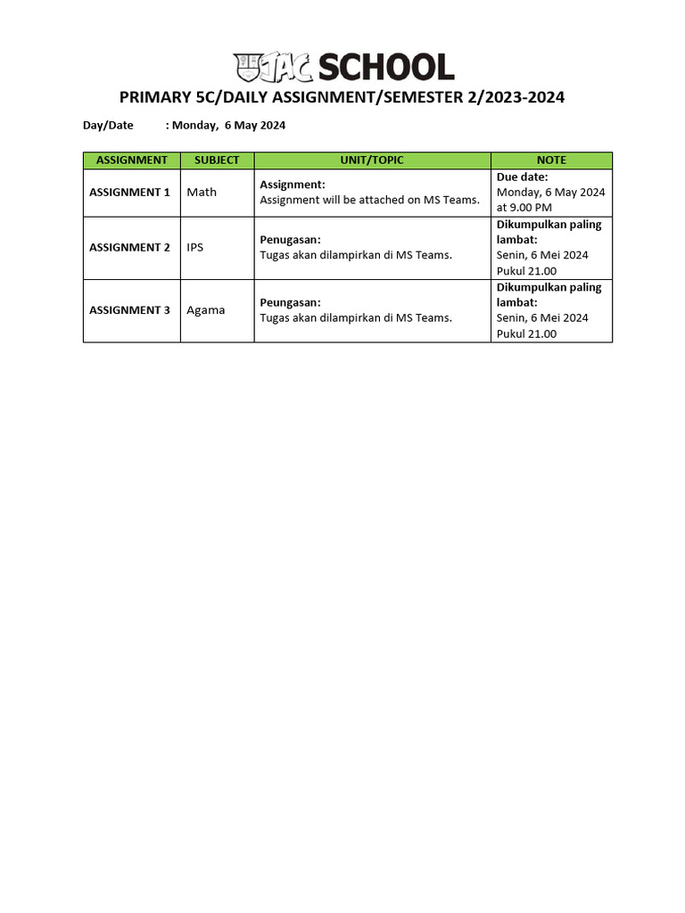 Primary 5C Daily Assignment Mon-Wed, 6-8 May 2024 | PDF
