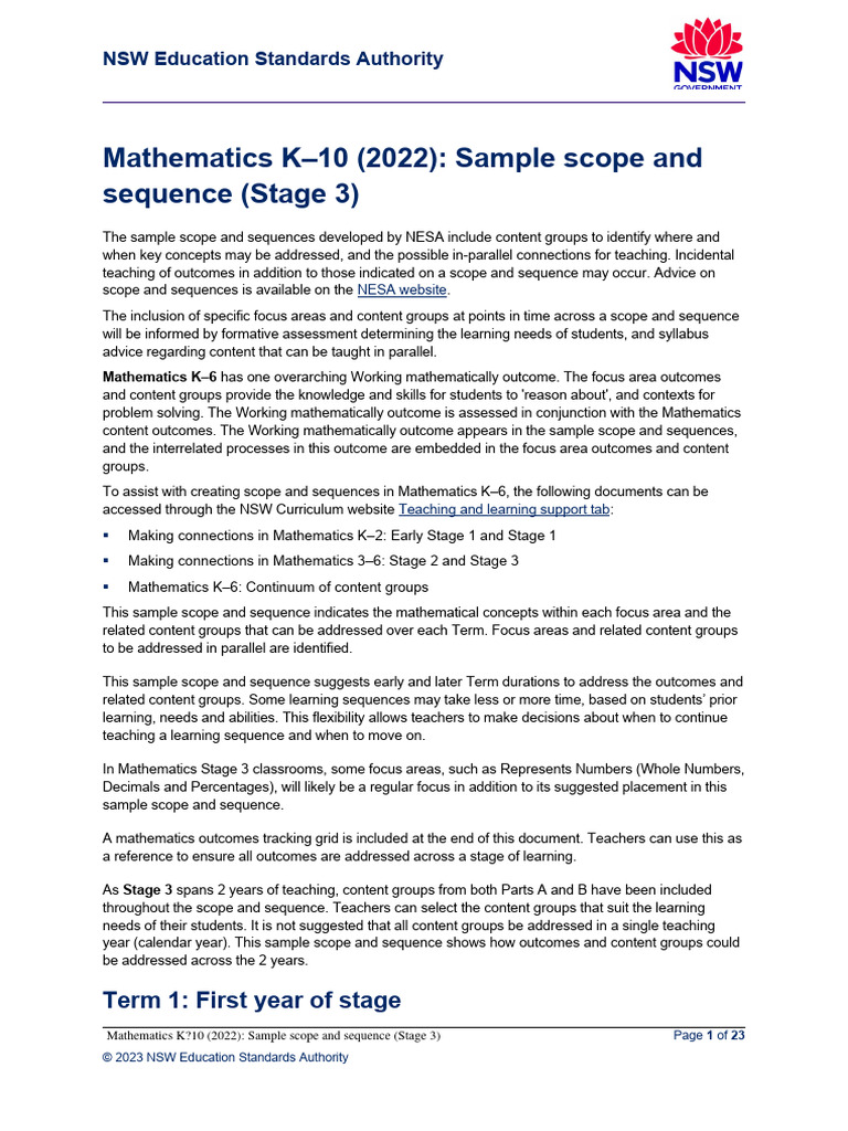 Stage 3 Mathematics Scope & Sequence | PDF | Area | Numbers