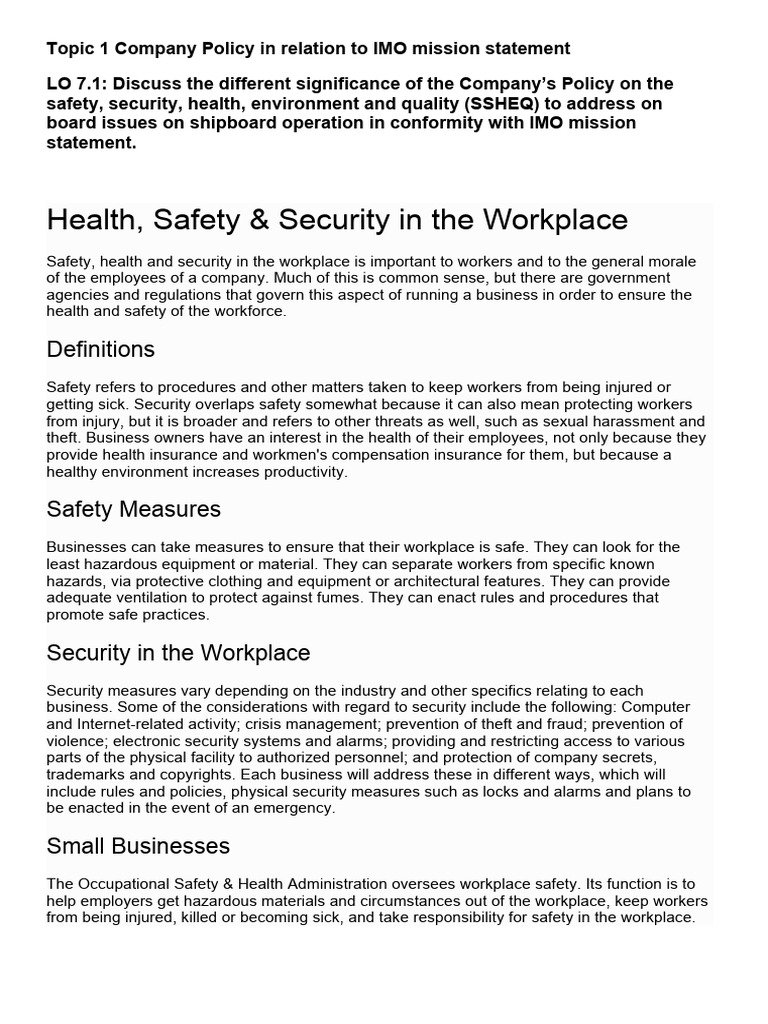 Topic 1 Company Policy in Relation To IMO Mission Statement | PDF ...