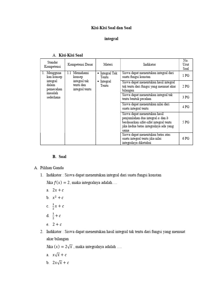 Kisi Kisi Soal Integral | PDF | Metode & Bahan Ajar