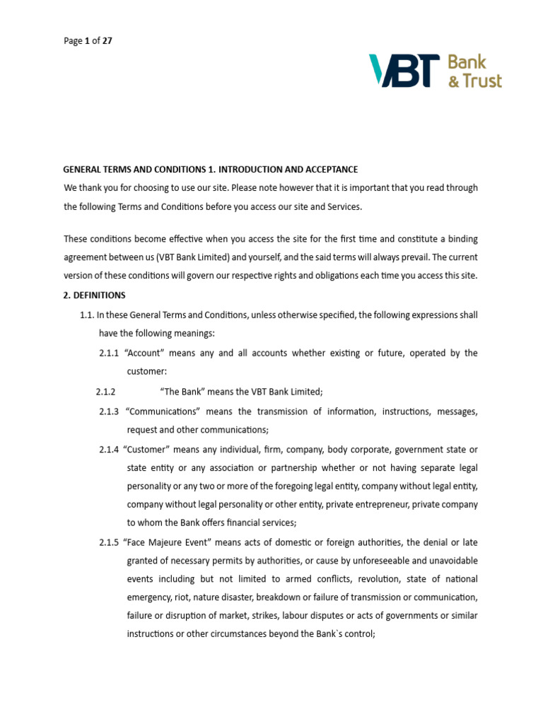 VBT Bank General Terms and Conditions | PDF