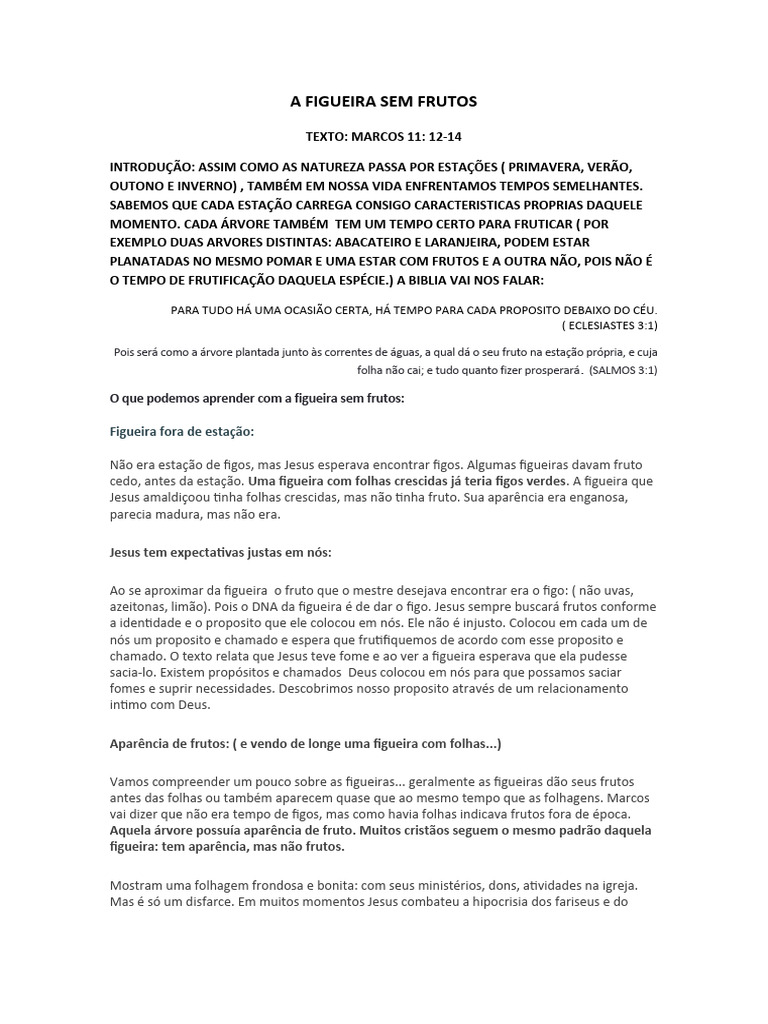 A Figueira Sem Frutos: Lições de Vida | PDF | Ficus | Jesus