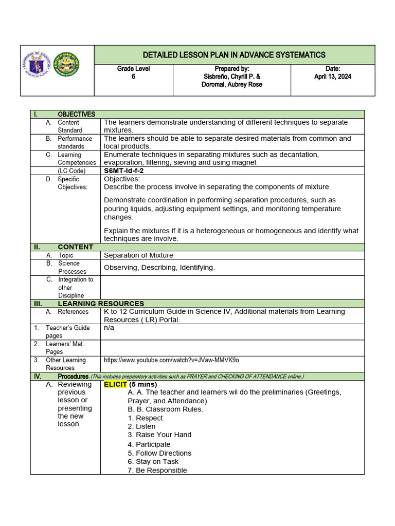 Lesson Plan in Advance Systematics | PDF | Mixture | Ecology