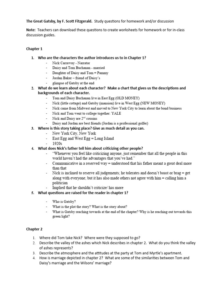Great Gatsby Study Questions Guide | PDF | The Great Gatsby
