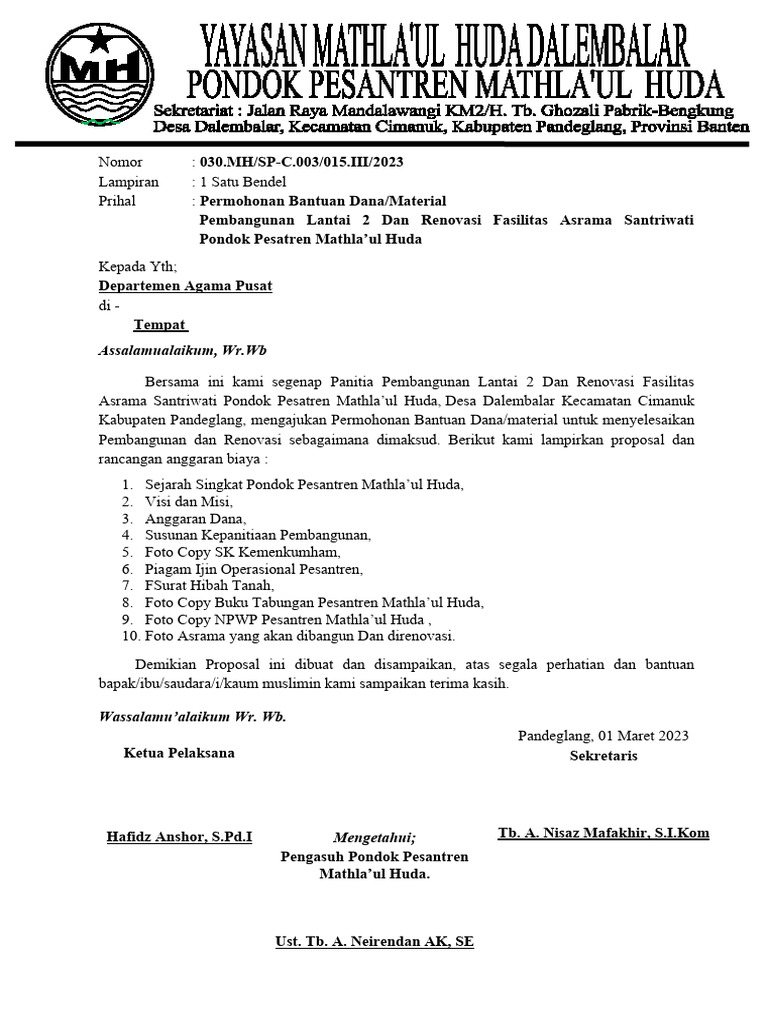 Proposal Permohonan Bantuan Dana Pembangunan Asrama Pp. Mathla'Ul Huda | PDF