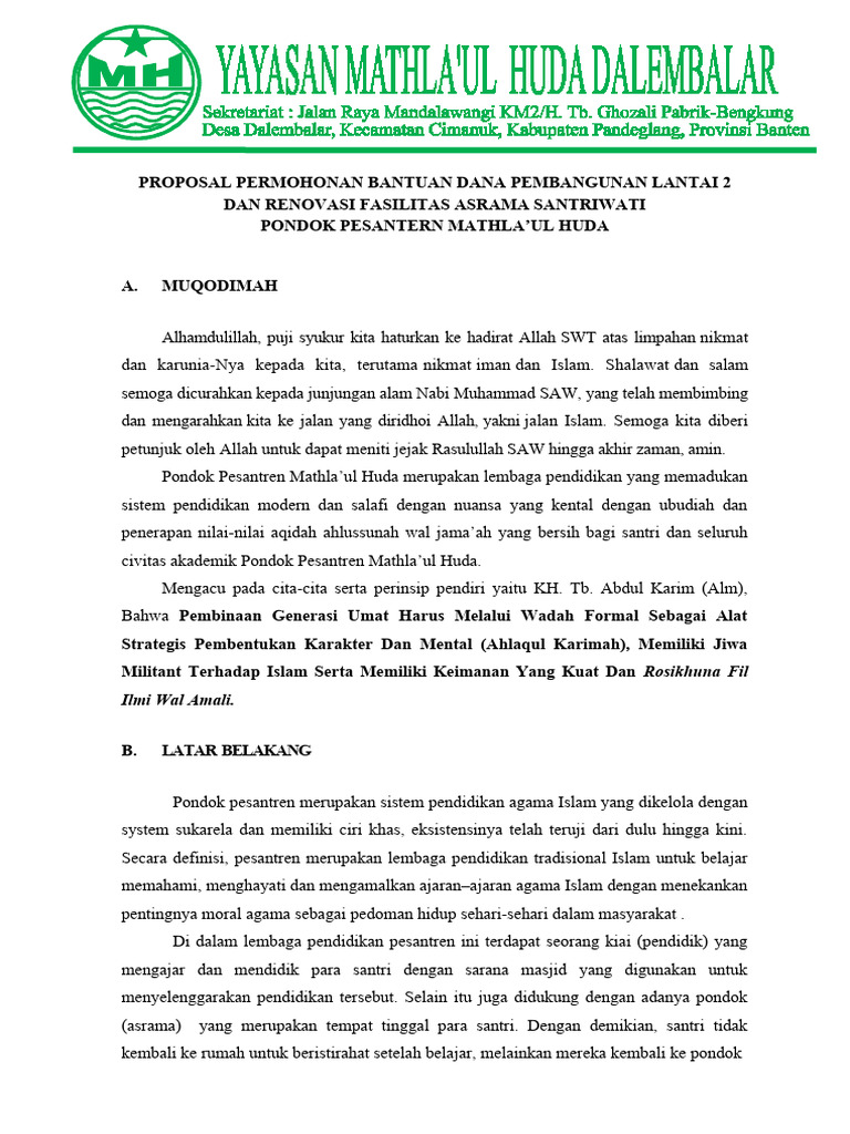 Proposal Pembangunan Asrama Pondok Pesantren | PDF