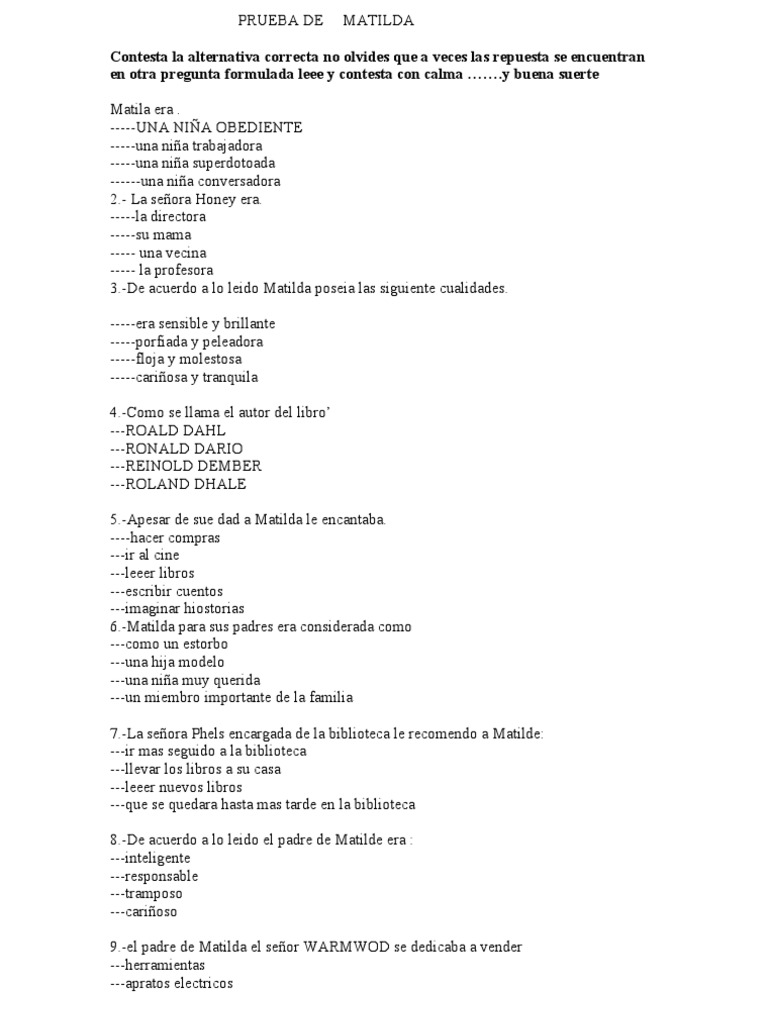 Cuestionario de Lectura de Matilda | PDF