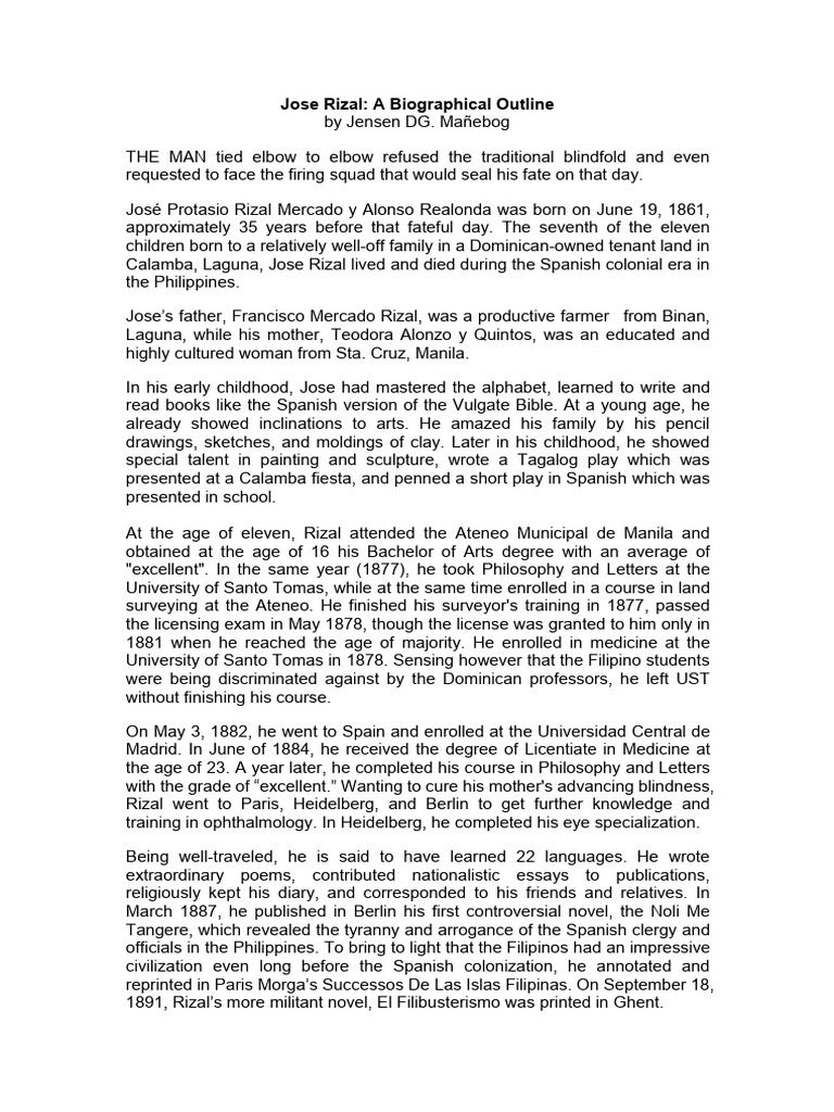 Jose Rizal Biographical Outline | PDF | Philippines