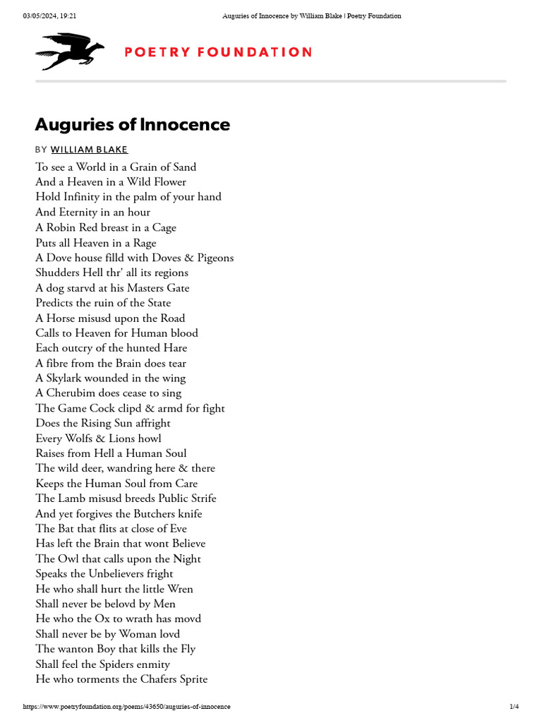 Auguries of Innocence by William Blake - Poetry Foundation | PDF