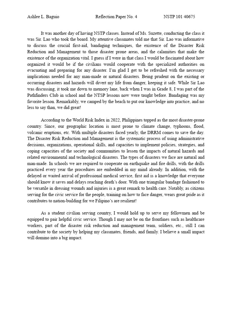 NSTP Reflection Paper No. 4 | PDF | Natural Disasters | Health Care