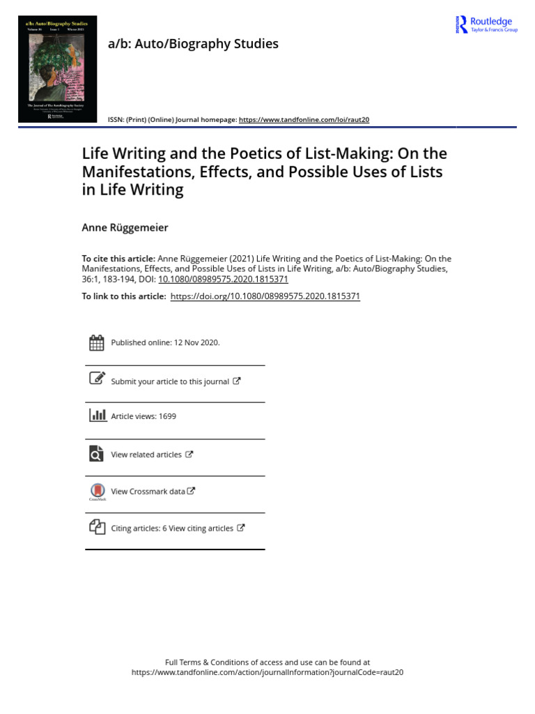 Lists in Life Writing: Poetics Explored | PDF | Experience ...