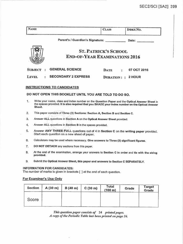 Sec 2 Science SA2 ST Patricks 2016 | PDF