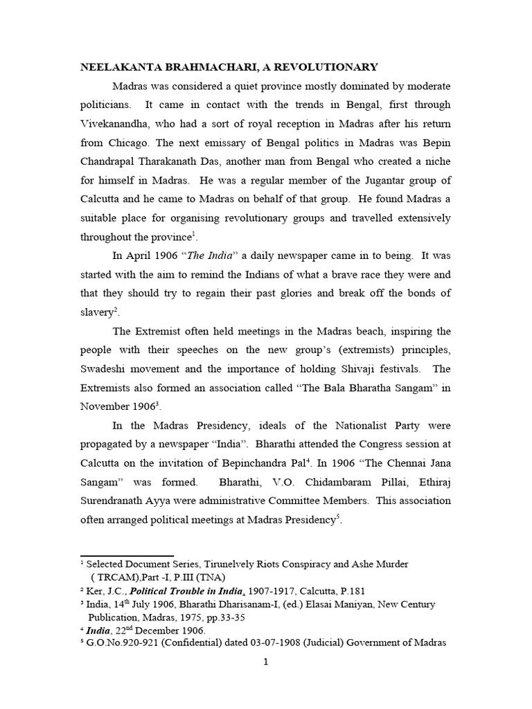 Neelakanta Brahmachari: Revolutionary Impact | PDF