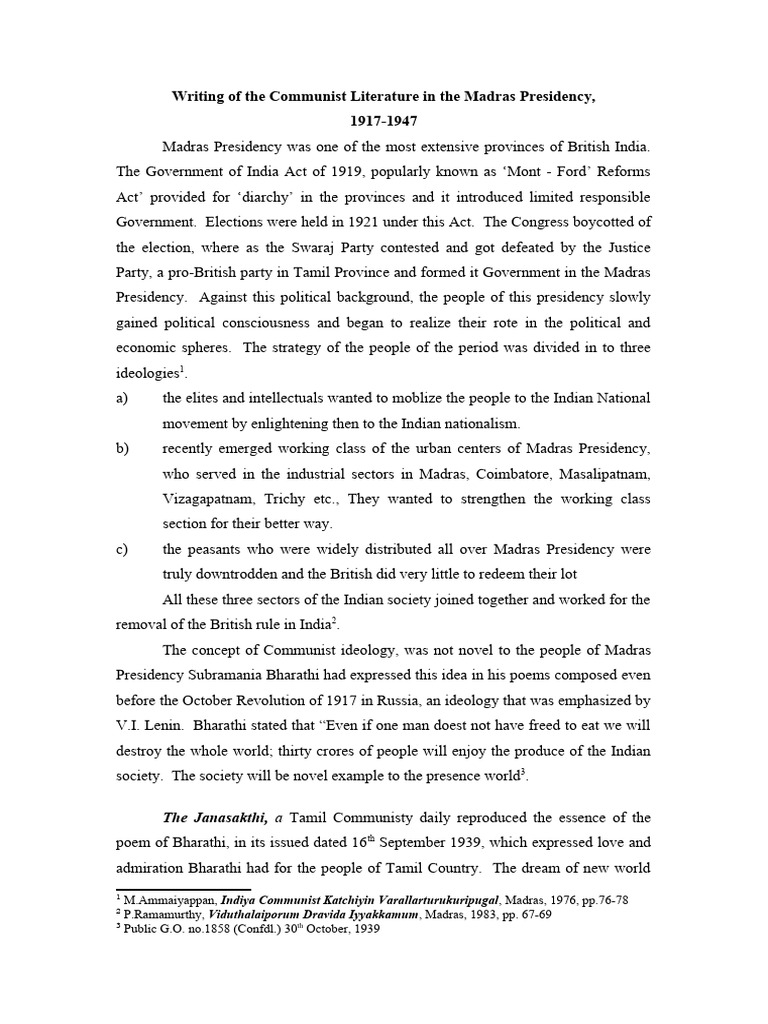 Writing of The Communist Literature in The Madras Presidency | PDF ...