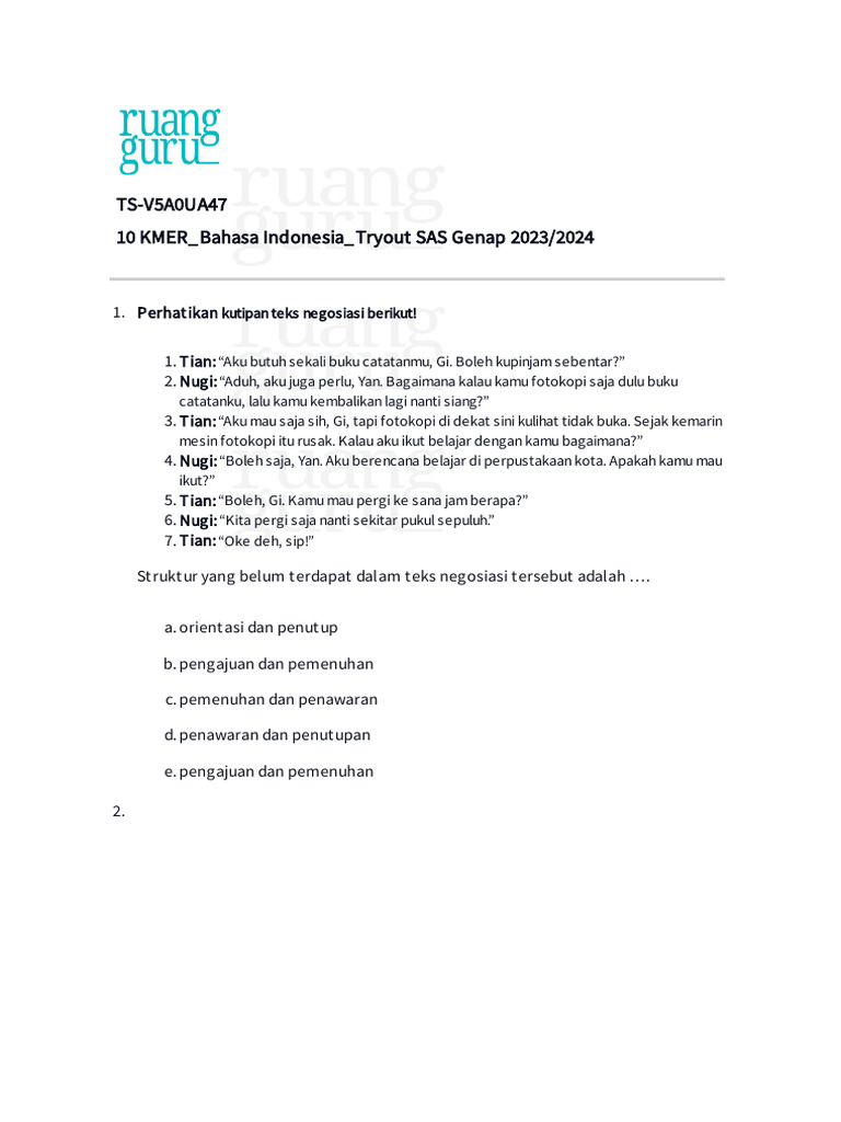 10 KMER - Bahasa Indonesia - Tryout SAS Genap 2023 - 2024 | PDF