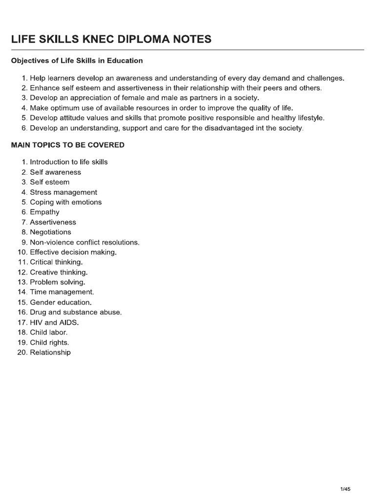 Life Skills Knec Diploma Notes | PDF