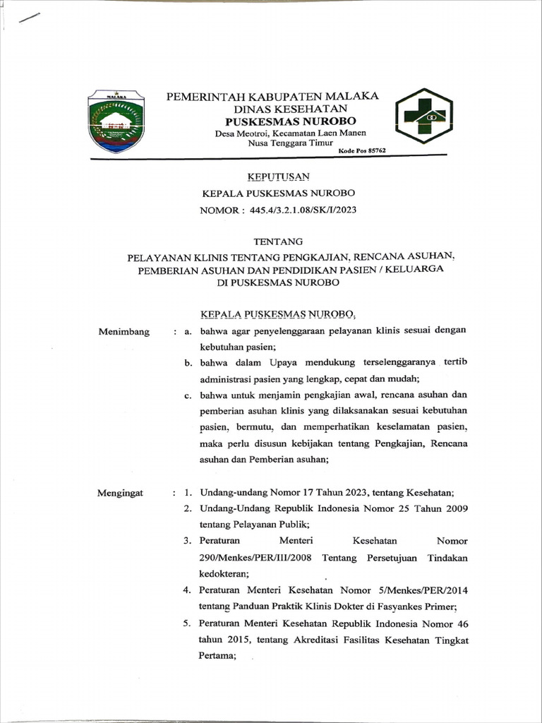 SK Pelayanan Klinis Tentang Pengkajian Rencana Asuhan Pemberian Asuhan Dan Pendidikan Pasien ...