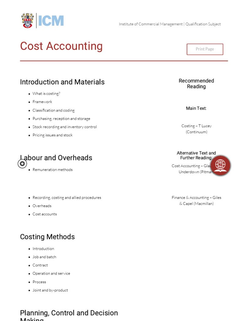 Cost Accounting - ICM Subjects Of Study | PDF